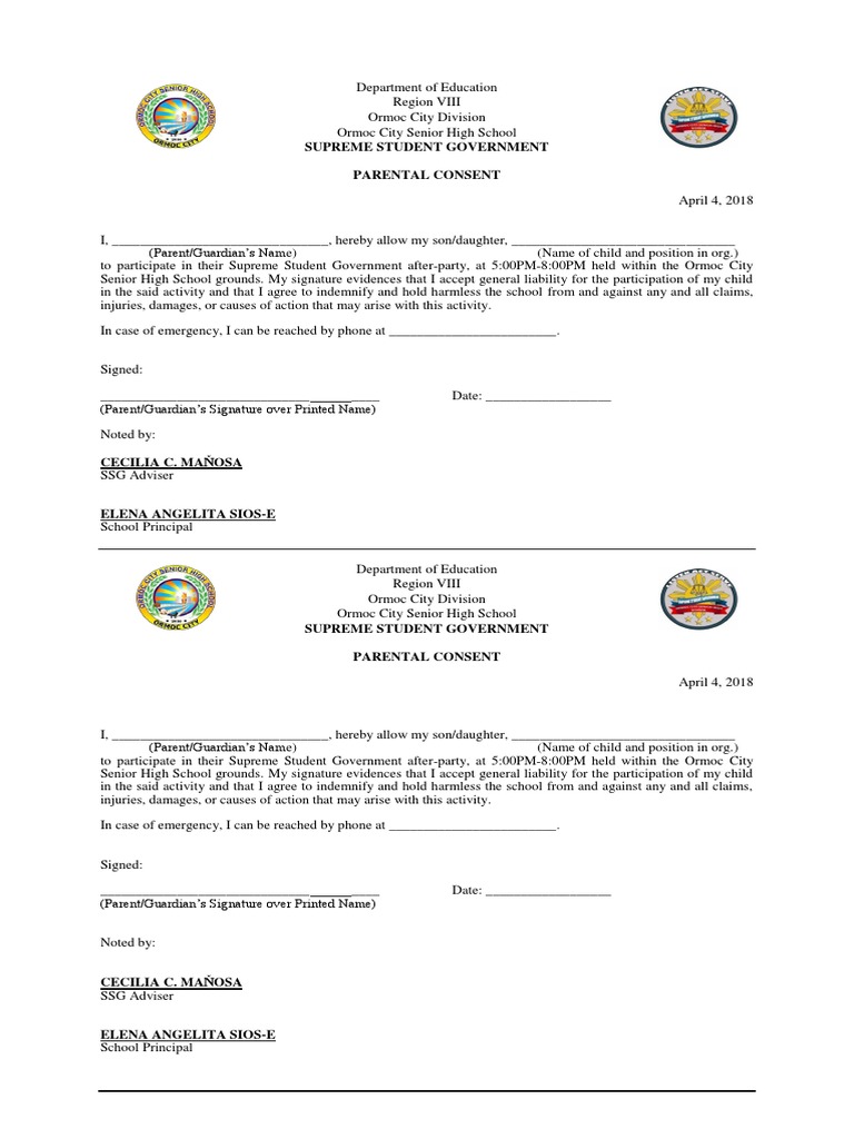 Supreme Student Government Parental Consent | PDF | Indemnity | Public Law
