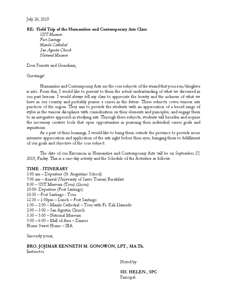 Letter For Excursion | PDF | Psychological Concepts | Behavior Modification