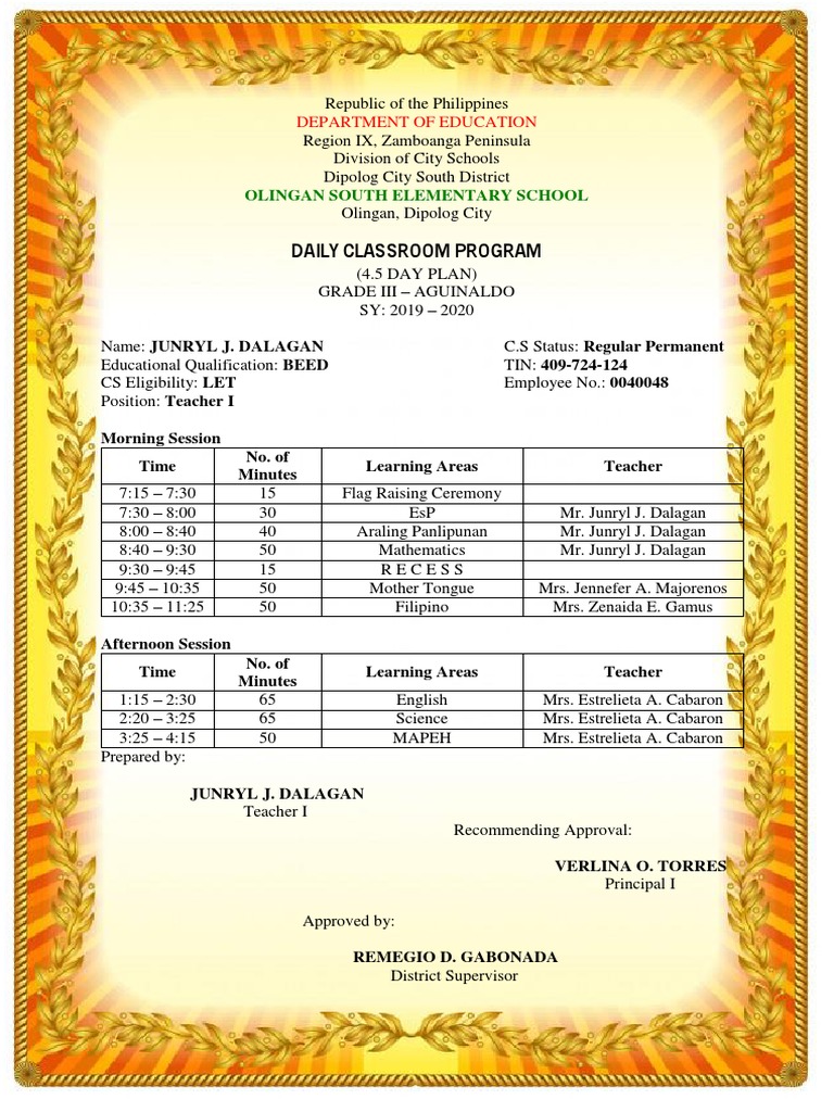 Daily Classroom Program: Olingan South Elementary School | PDF