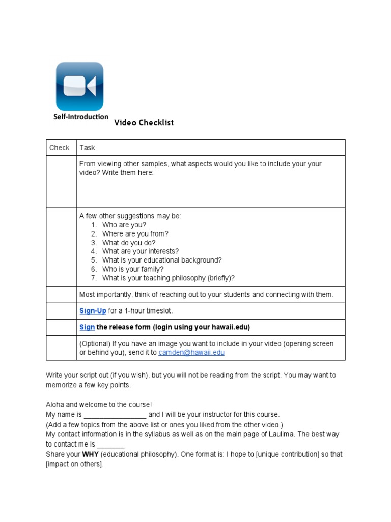 Self-Introduction Video Checklist | PDF | Learning | Communication
