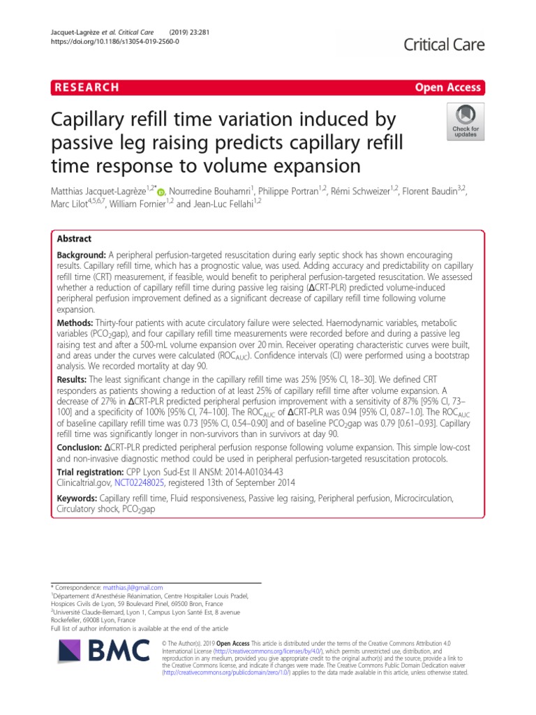 Capillary Refill Time Variation Induced by Passive Leg Raising Predicts ...
