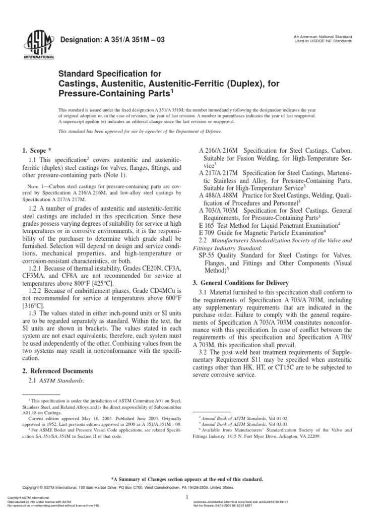ASTM A 351 Standard Specification For Castings, Austenitic, - 2003 ...