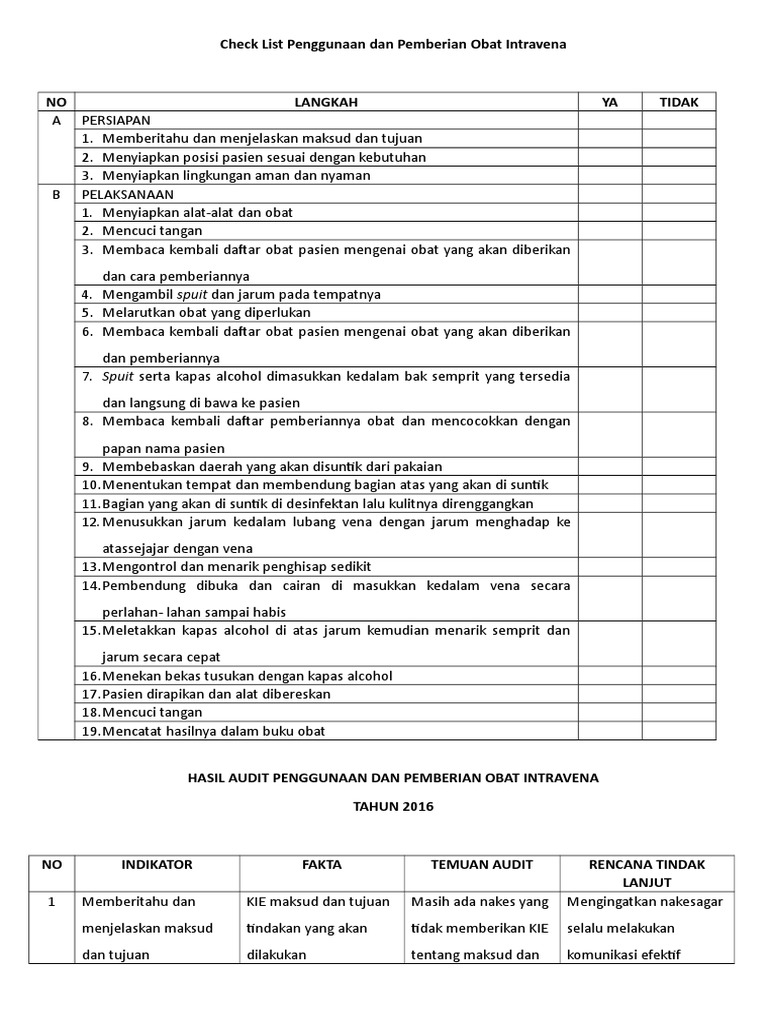 Check List Penggunaan Dan Pemberian Obat Intravena | PDF