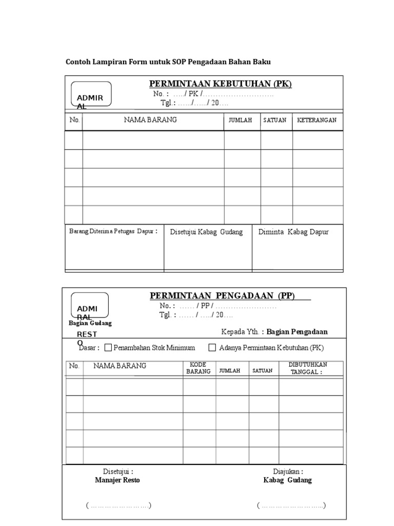 Contoh Lampiran Form Untuk SOP Pengadaan Bahan Baku | PDF