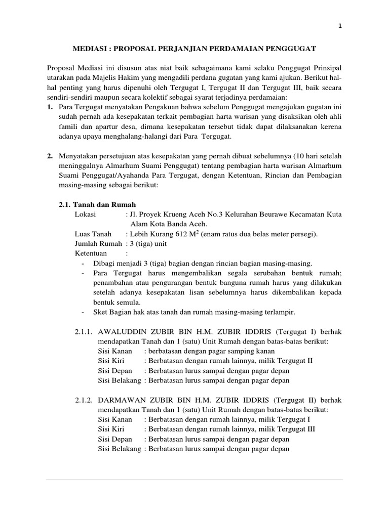 Draft Proposal Mediasi - Gugatan Waris Yusniar-Yuna | PDF