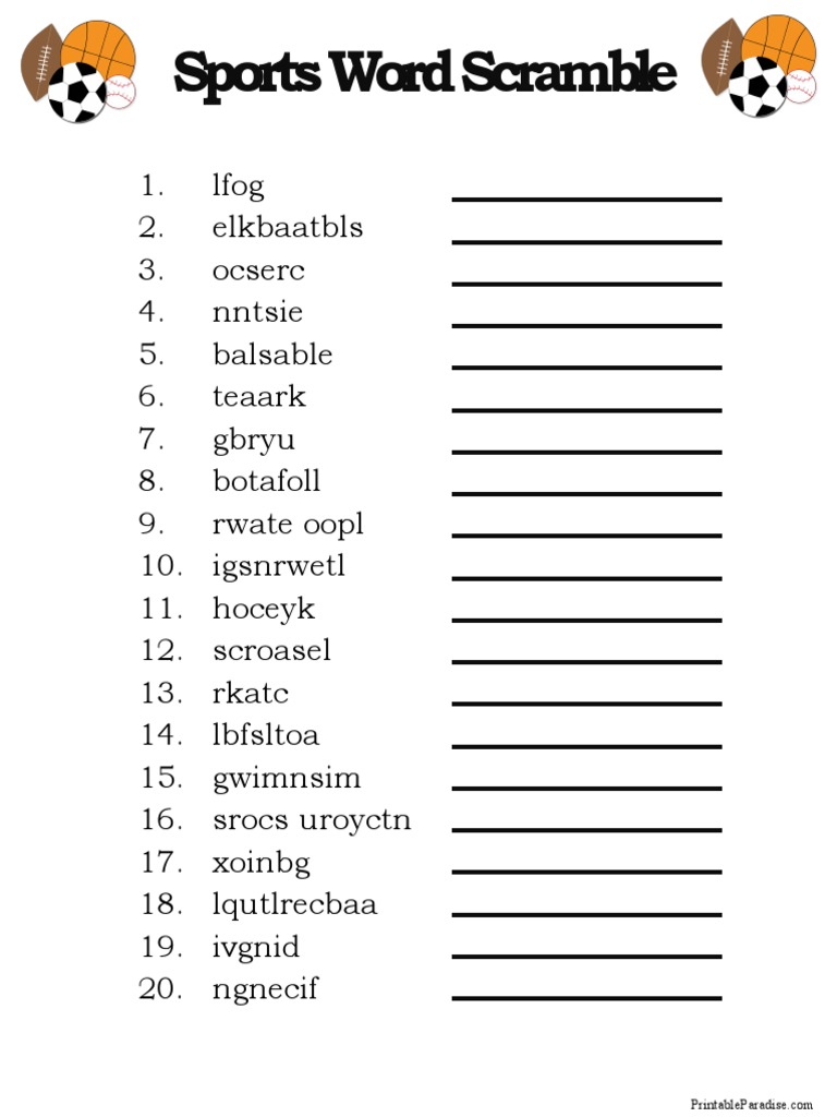 Sports Word Scramble Worksheet | PDF | Sports & Recreation | Games ...