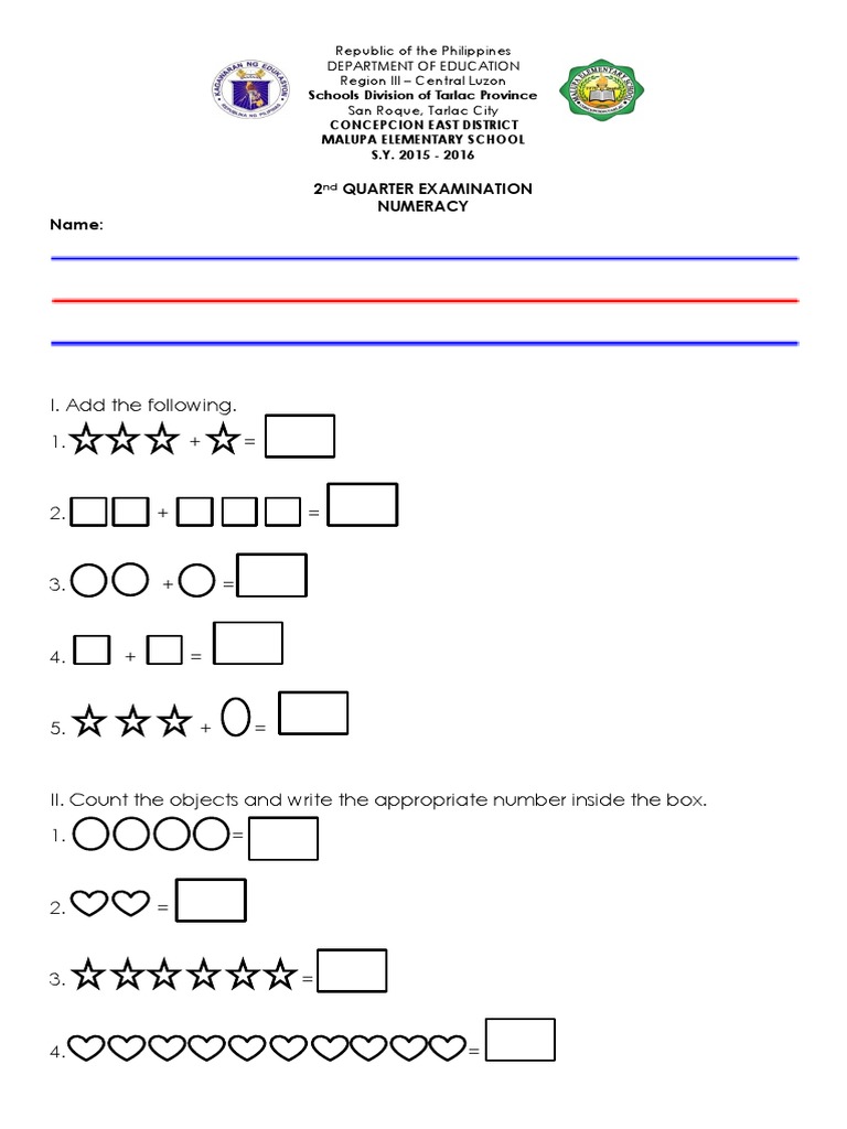 Kindergarten 2nd Quarter Exam 2015 | PDF | Learning