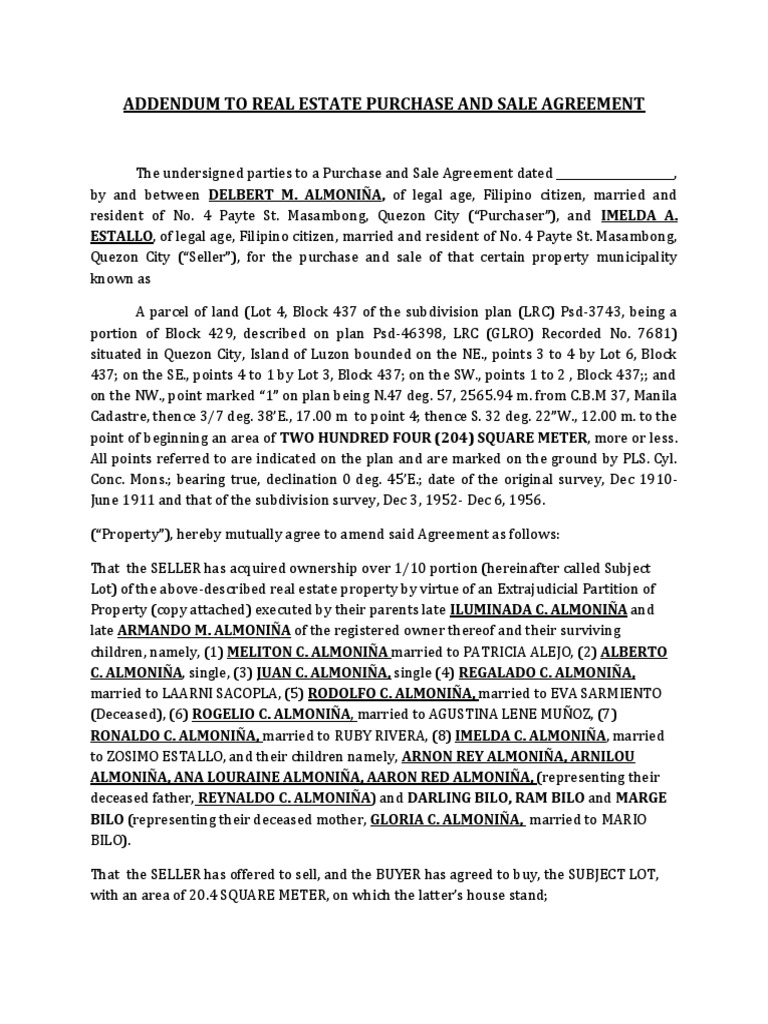 Addendum To Real Estate Purchase and Sale Agreement | PDF | Land Law ...