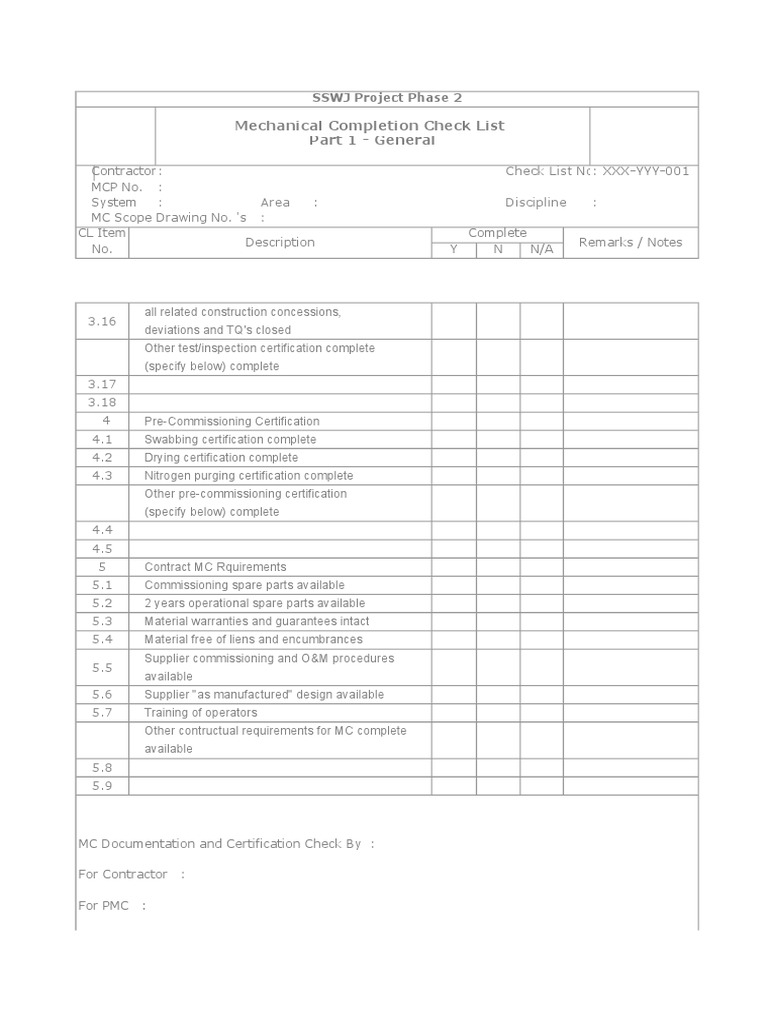 Mechanical Completion Check List Part 1 - General | PDF | Engineering