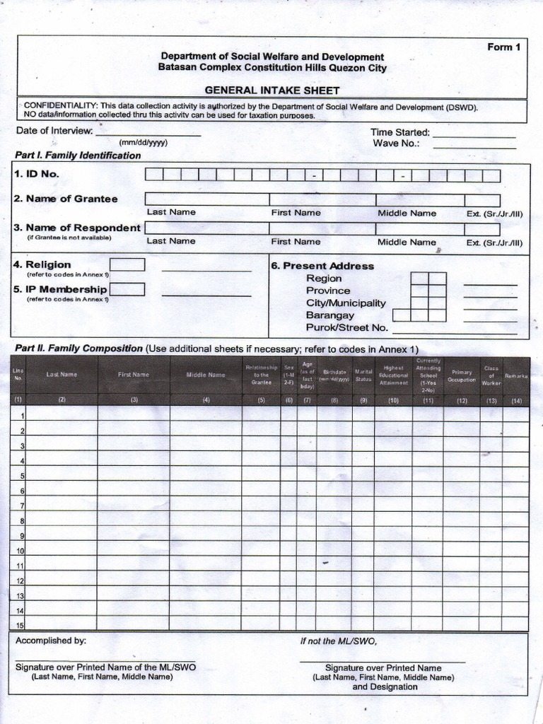 DSWD - General Intake Sheet | PDF