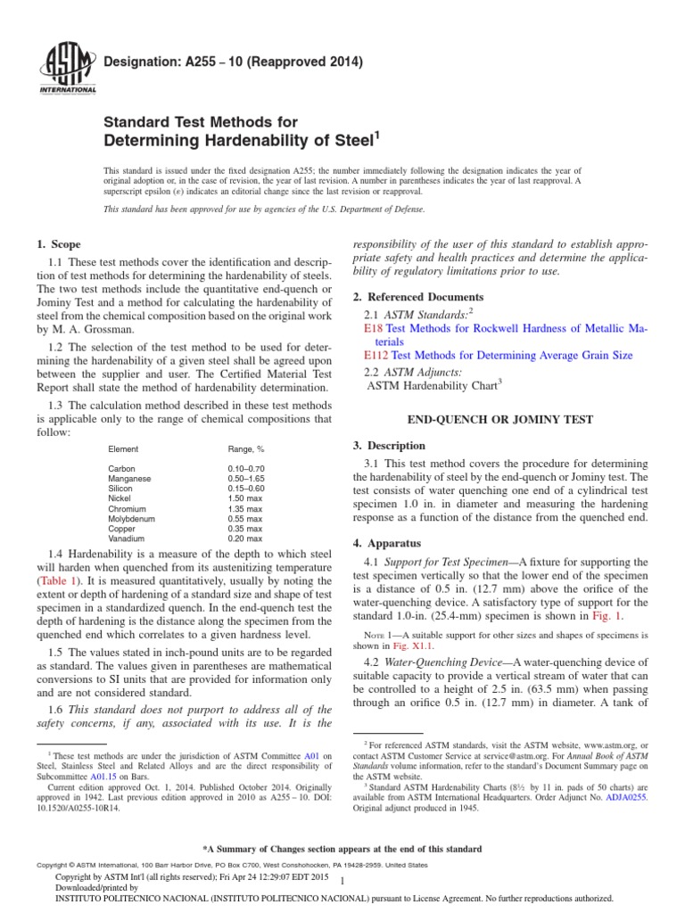 A255 - Hardenability (Jominy Test) | PDF | Steel | Metals