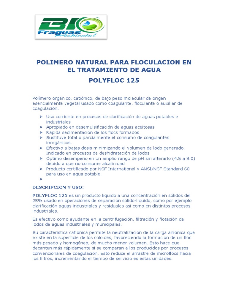 Polimero Natural Polyfloc 125 | PDF | Agua | Ciencias fisicas