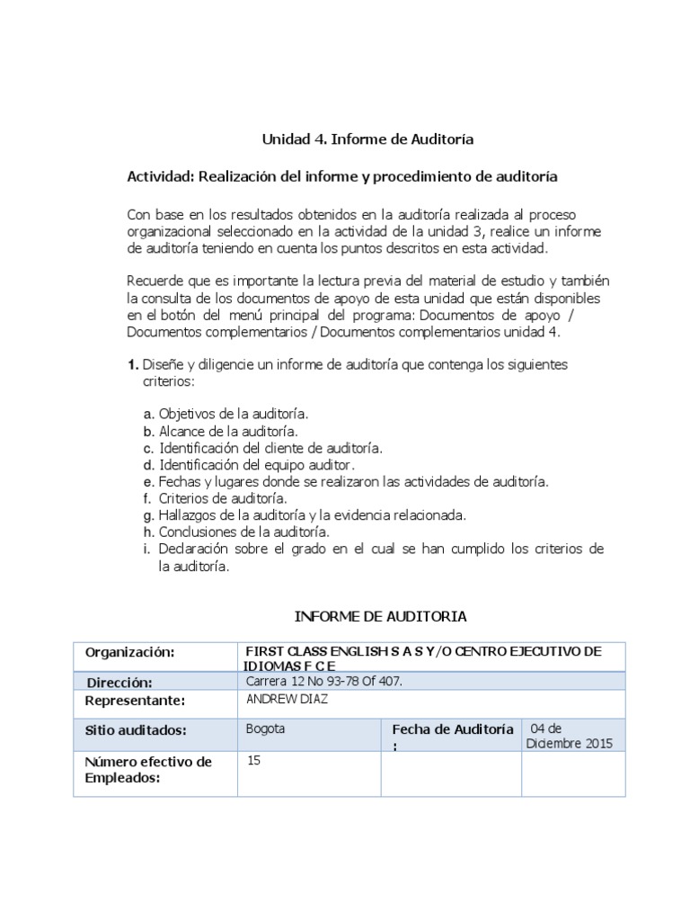 Unidad 4. Informe de Auditoria | PDF | Auditoría | Calidad (comercial)