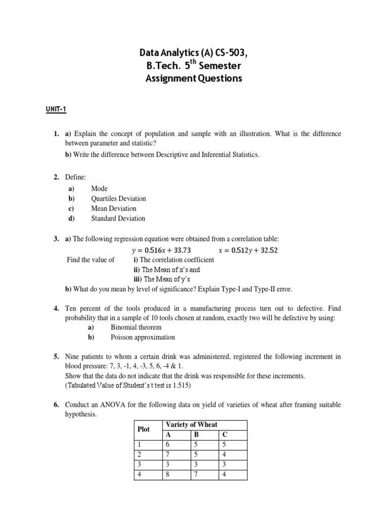 Data Analytics (A) CS-503, B.Tech. 5 Semester Assignment Questions | PDF | Big Data | Data Analysis