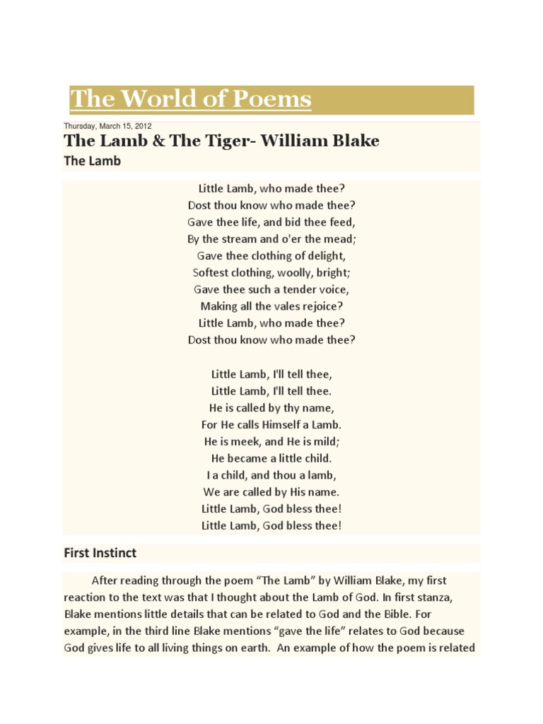 The World of Poems: The Lamb & The Tiger-William Blake | PDF | William ...