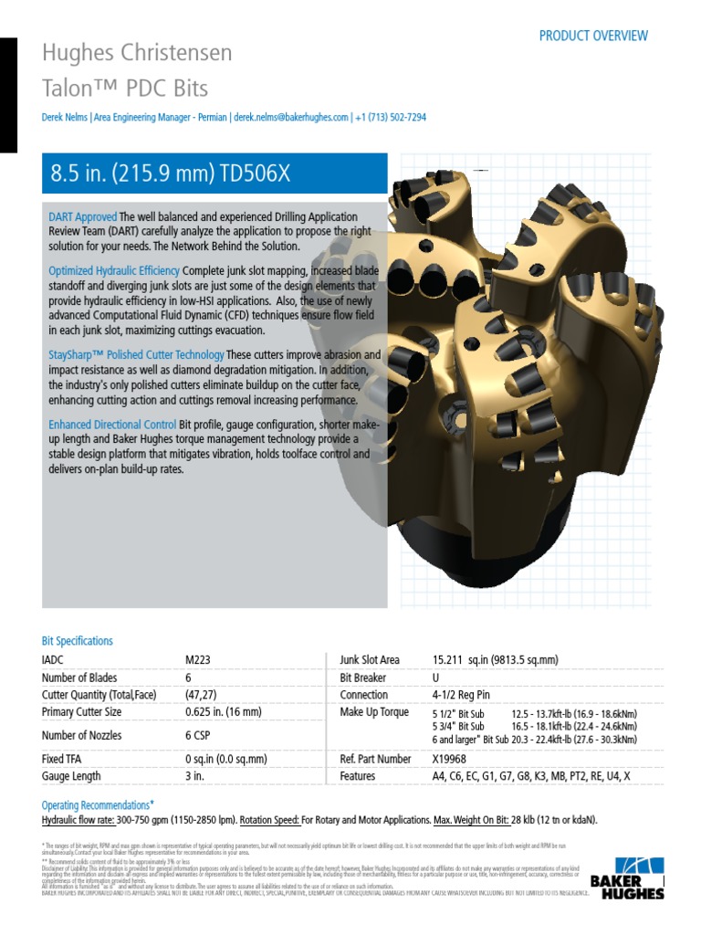 8.5 In. (215.9 MM) TD506X: Hughes Christensen Talon™ PDC Bits | PDF