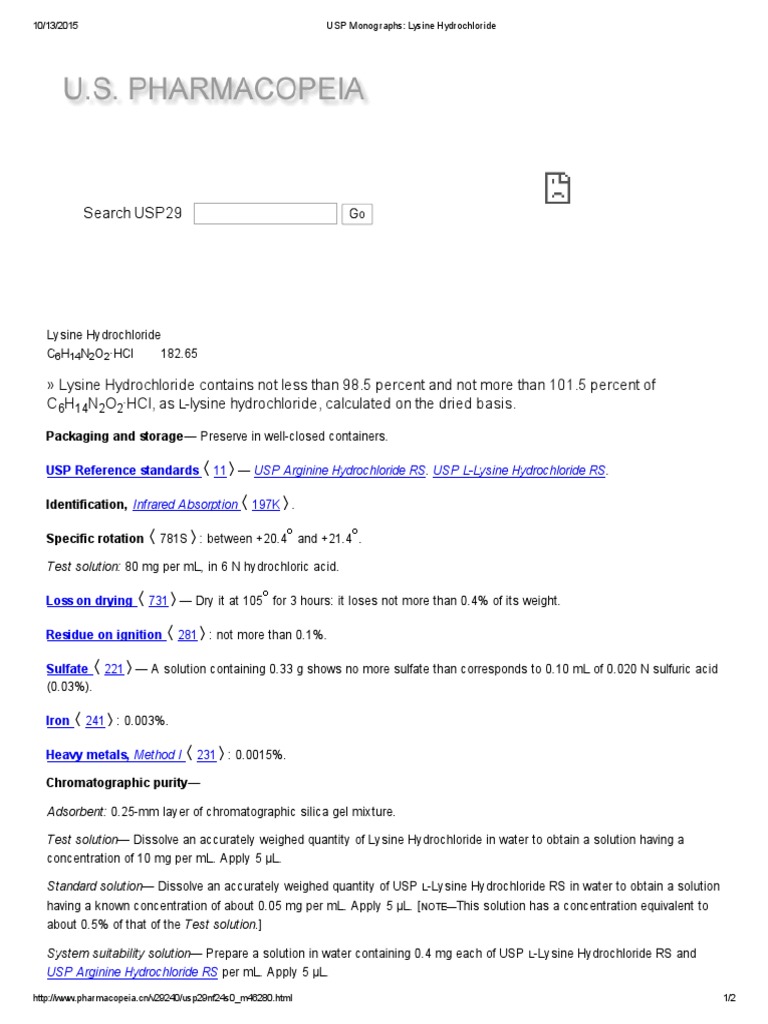 USP Monograph: L-Lysine Hydrochloride | PDF | Hydrochloric Acid | Lysine
