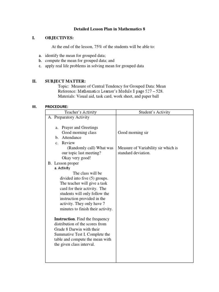 Detailed Lesson Plan in Mathematics 8 I. Objectives:: A. Activity | PDF ...