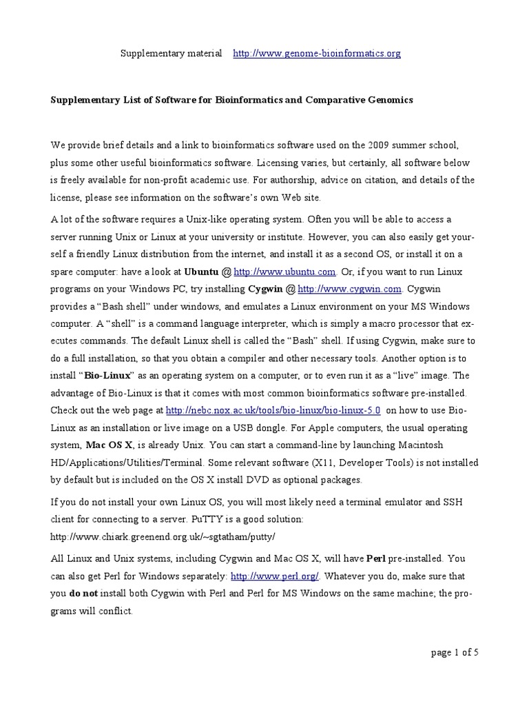 Supplementary List of Software For Bioinformatics and Comparative ...