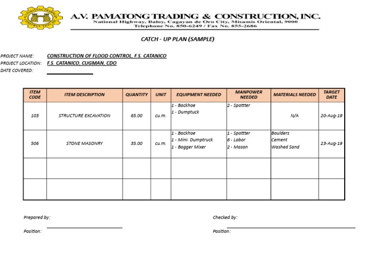 Catch - Up Plan (Sample) : Construction of Flood Control, F.S. Catanico ...
