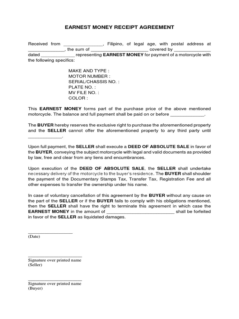 Earnest Money Receipt Agreement | PDF