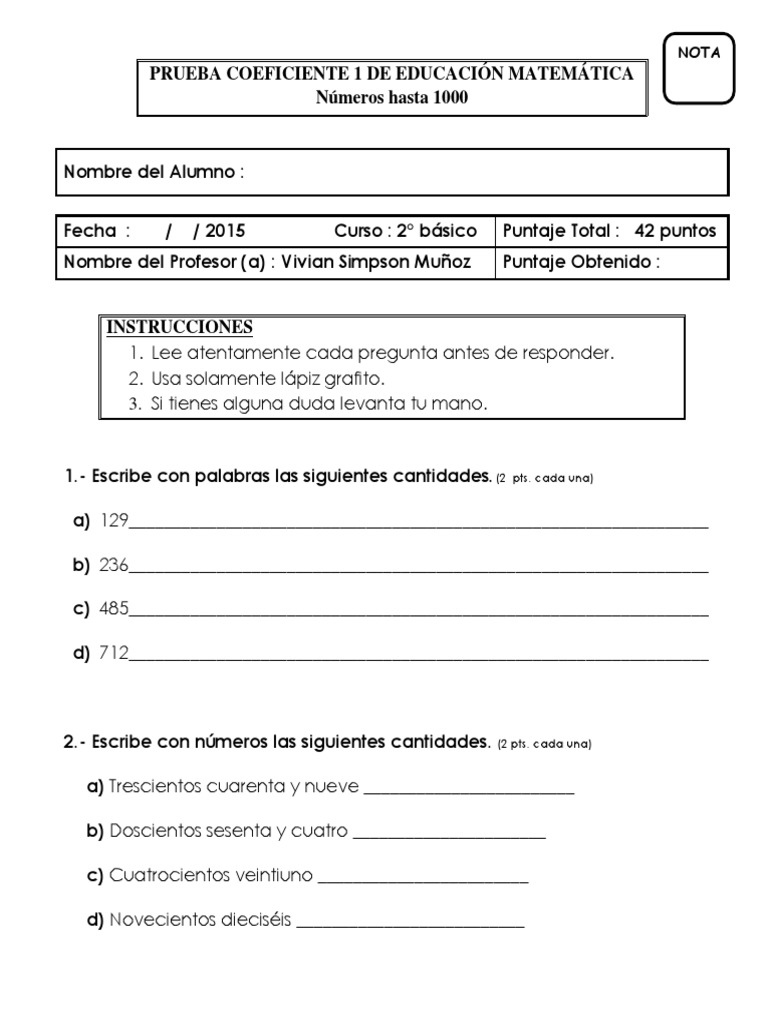 Actividades de Valor Posicional para 2° Básico | PDF | Notación ...