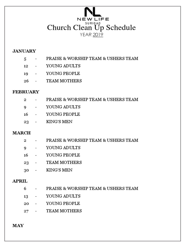 Church Clean Up Schedule for 2019: Rotating Responsibilities by ...