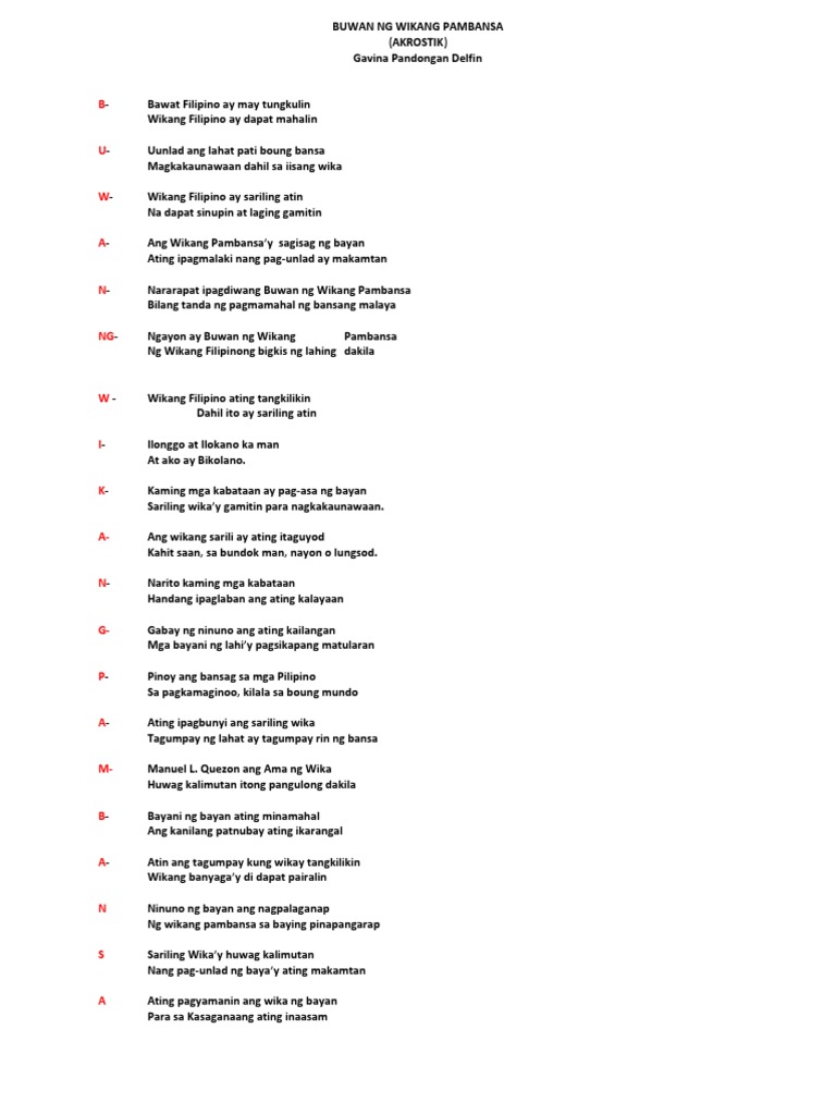 Buwan NG Wikang Pambansa-Akrostik | PDF