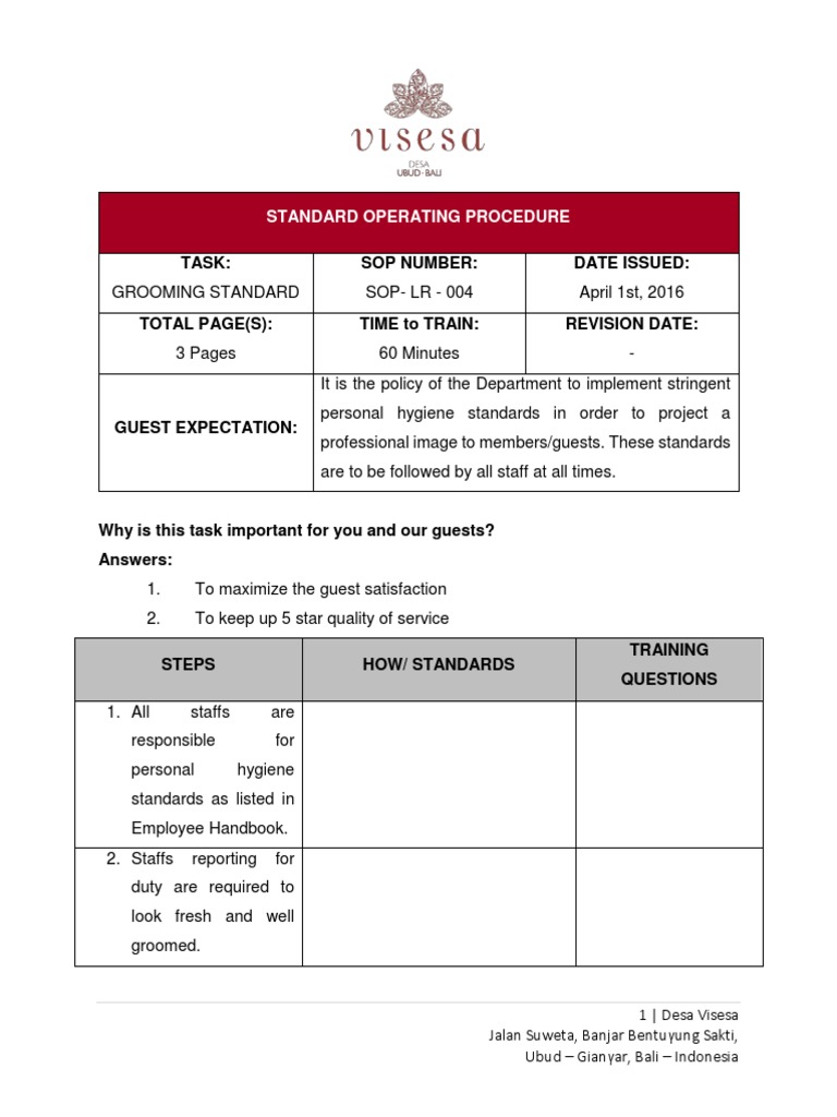 Grooming Standards SOP | PDF | Hygiene | Business