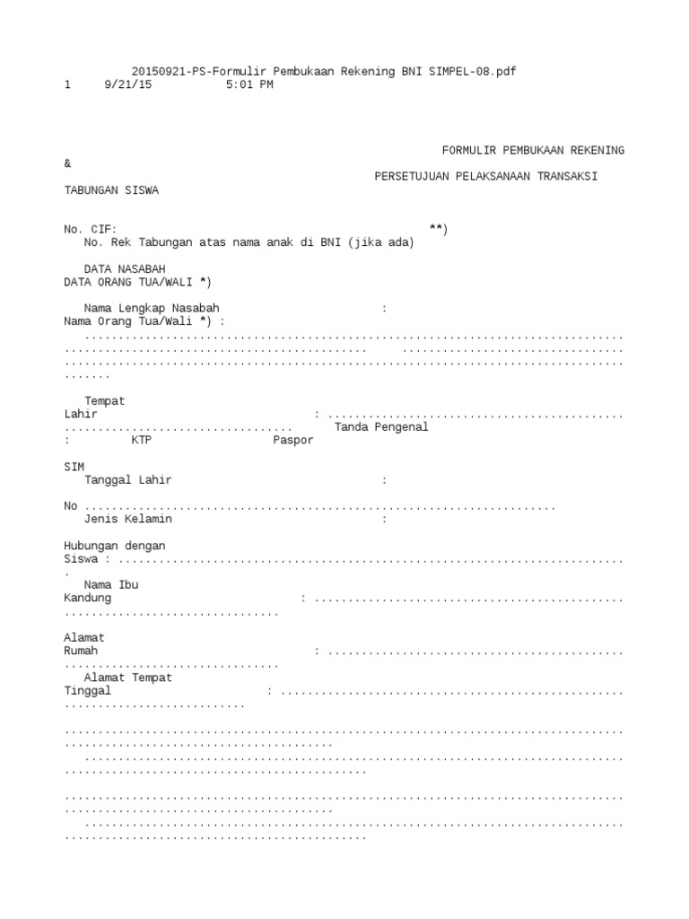 PS Formulir Pembukaan Rekening BNI SIMPEL 08 | PDF | Karier & Perkembangan