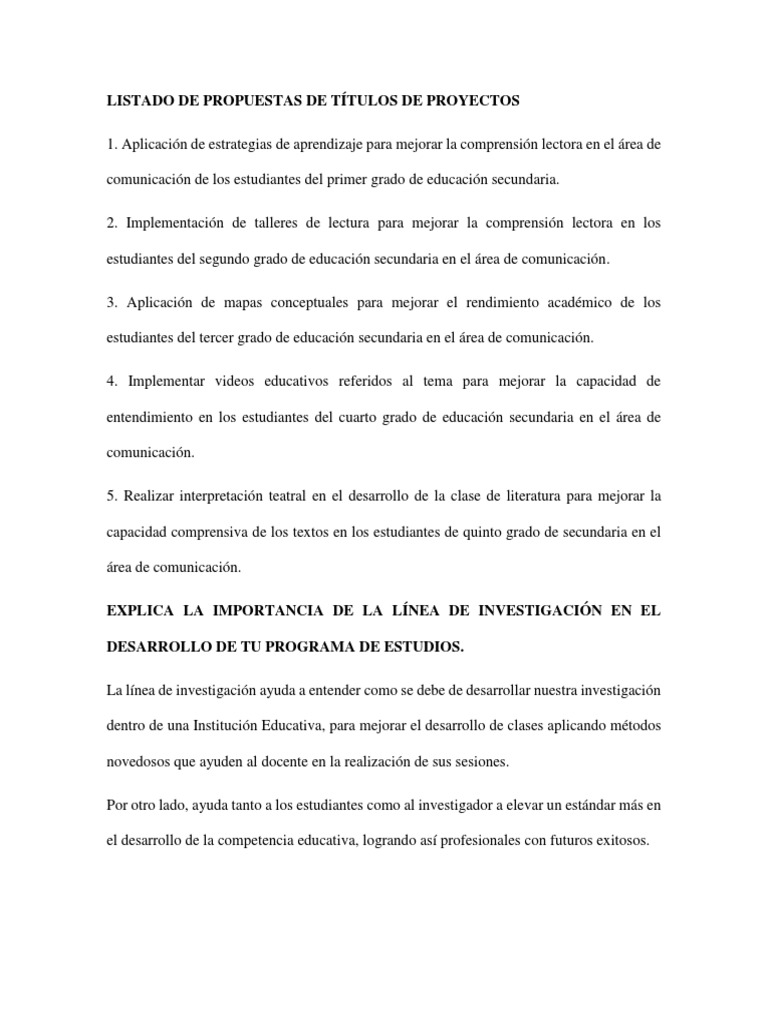 Listado de Propuestas de Títulos de Proyectos | PDF | Comprensión ...