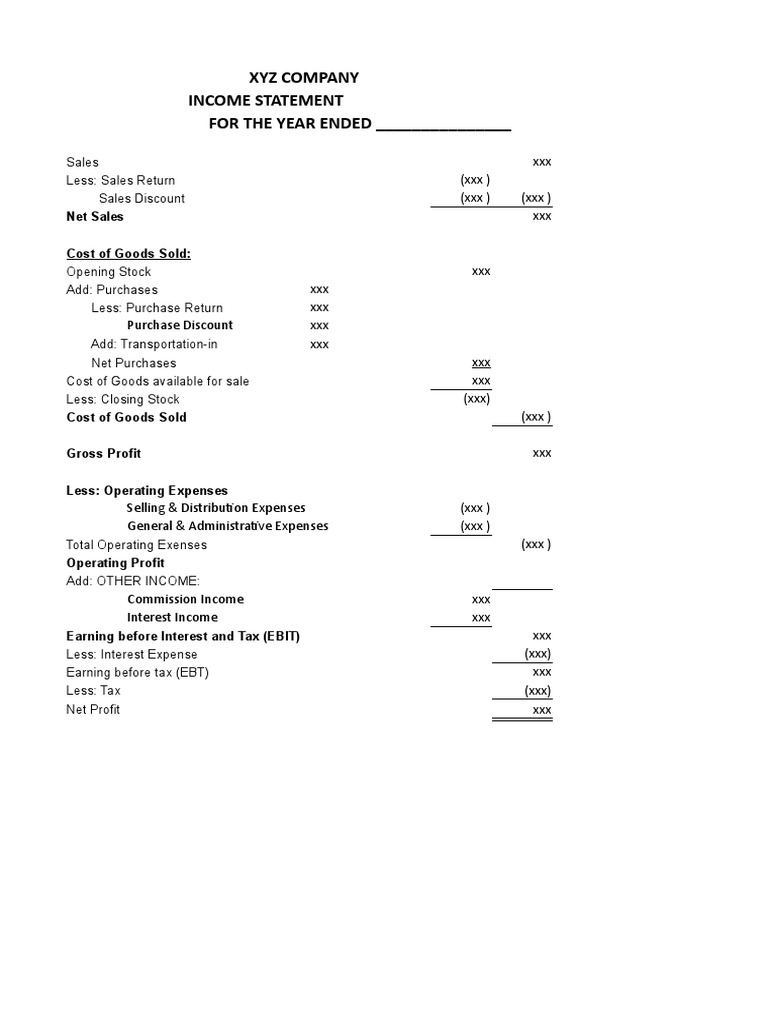 Xyz Company Income Statement FOR THE YEAR ENDED | PDF