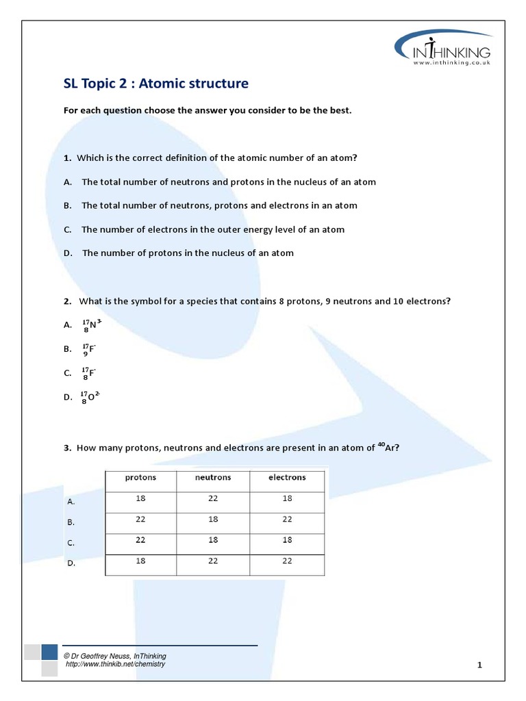 SL Topic 2 Atomic Structure | PDF | Atoms | Proton