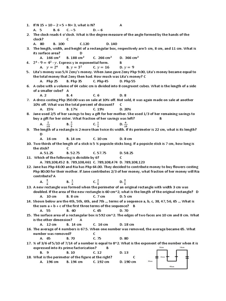 Math Quiz for Grade 6 Students | PDF | Area | Elementary Geometry