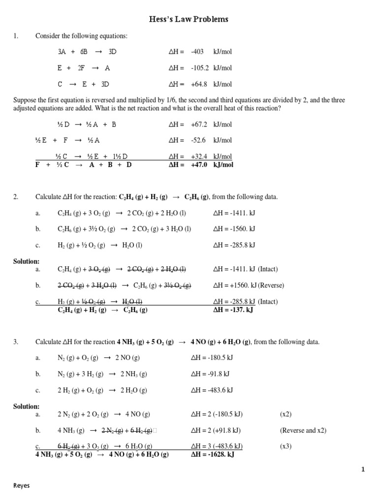 Hess's Law Problems | PDF | Chemical Reactions | Continuum Mechanics