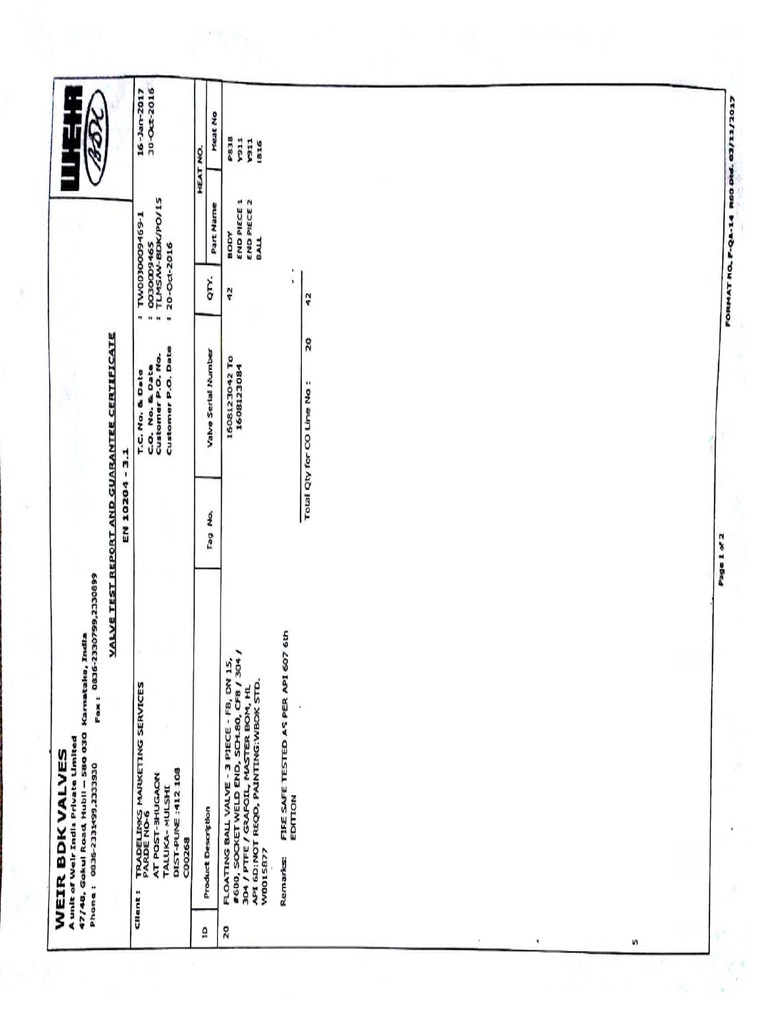 Valve Test Certificate | PDF