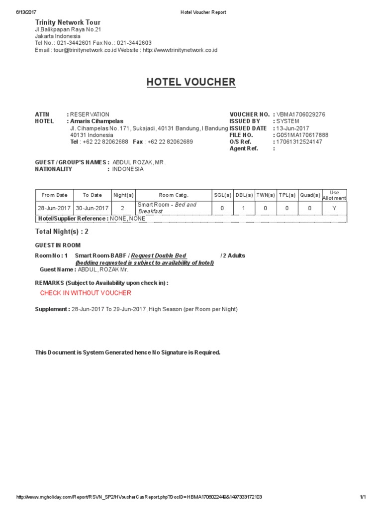 Hotel Voucher: Trinity Network Tour | PDF