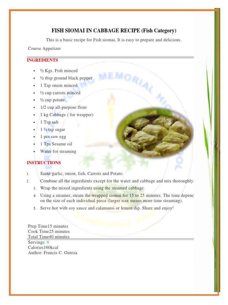 Fish Siomai Recipe | PDF | Cooking | Food And Drink Preparation