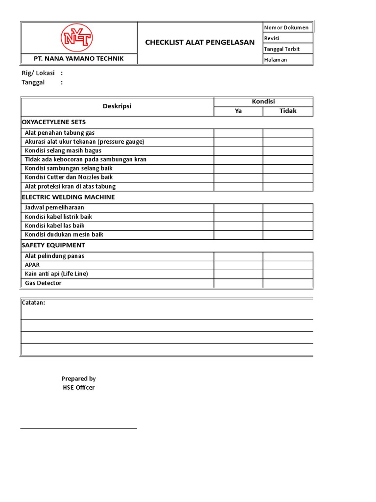 Checklist Alat Pengelasan PT. Nana Yamano | PDF | Teknologi & Rekayasa