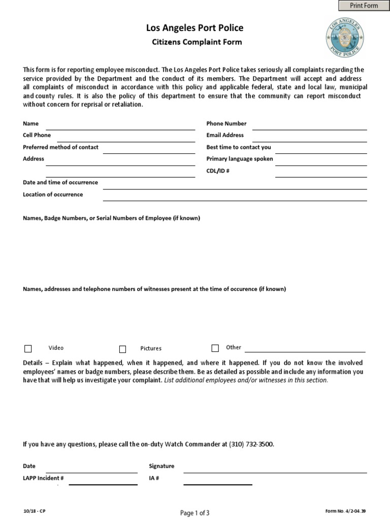 LA Port Police Misconduct Report Form | PDF | Complaint | Justice