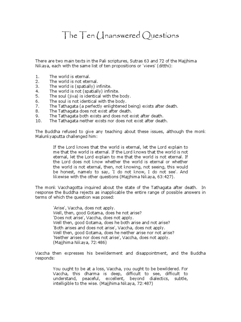 The Ten Unanswered Questions | PDF | Gautama Buddha | Buddhist Philosophy