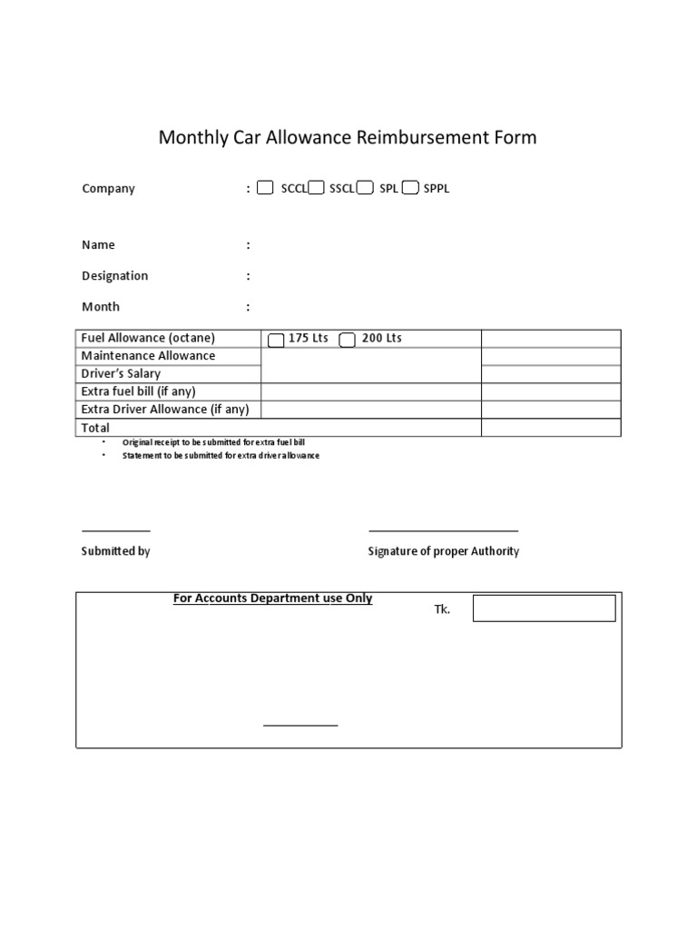 Monthly Car Allowance Reimbursement Form | PDF