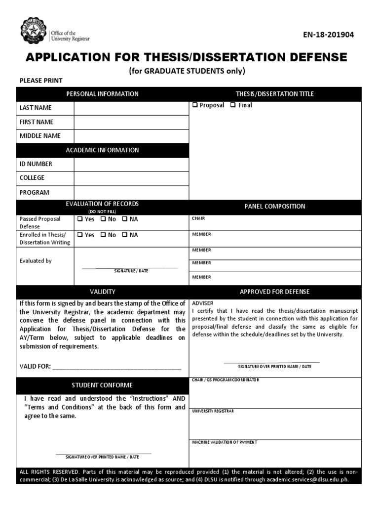 Application For Thesis/Dissertation Defense: Please Print | PDF | Thesis | Compact Disc