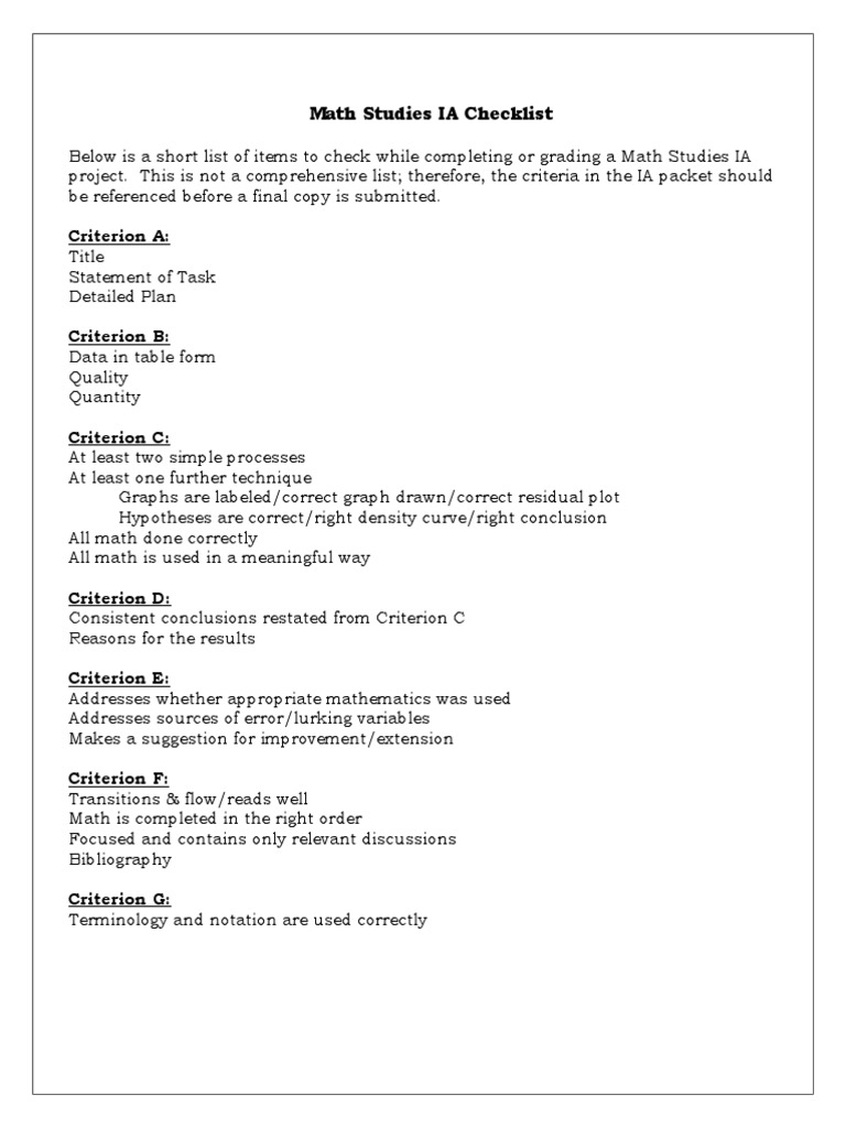 Math Studies IA Project Checklist | PDF