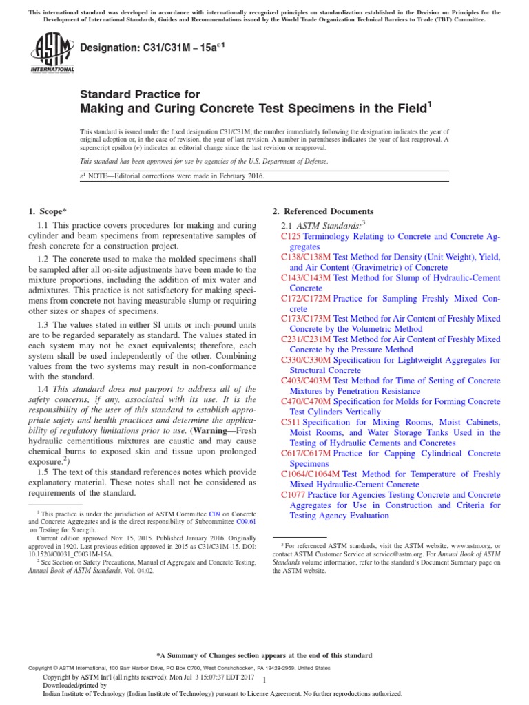 Making and Curing Concrete Test Specimens in The Field: Standard ...