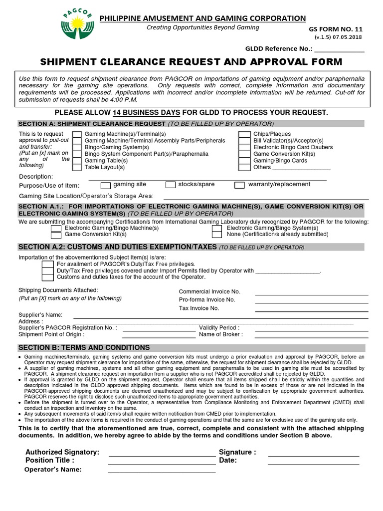 Shipment Clearance Request and Approval Form: Philippine Amusement and ...