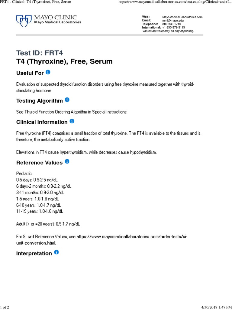 Test ID: FRT4: T4 (Thyroxine), Free, Serum | PDF