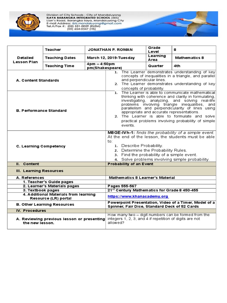 Grade 8 Math Lesson Plan on Probability | PDF | Probability | Playing Cards