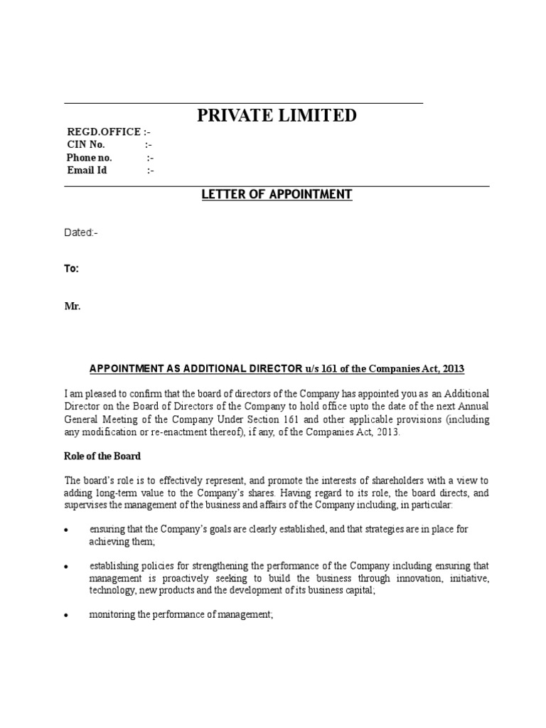 Letter of Appointment Sample | PDF | Board Of Directors | Business