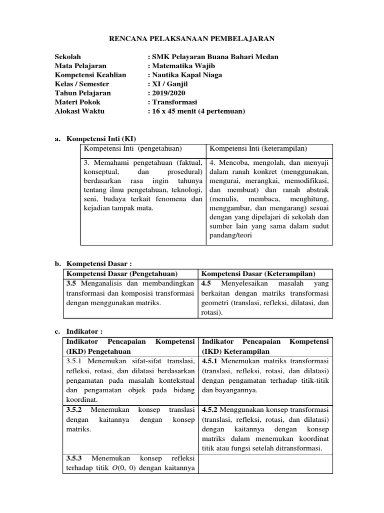 RPP Transformasi Geometri Kelas XI SMK | PDF